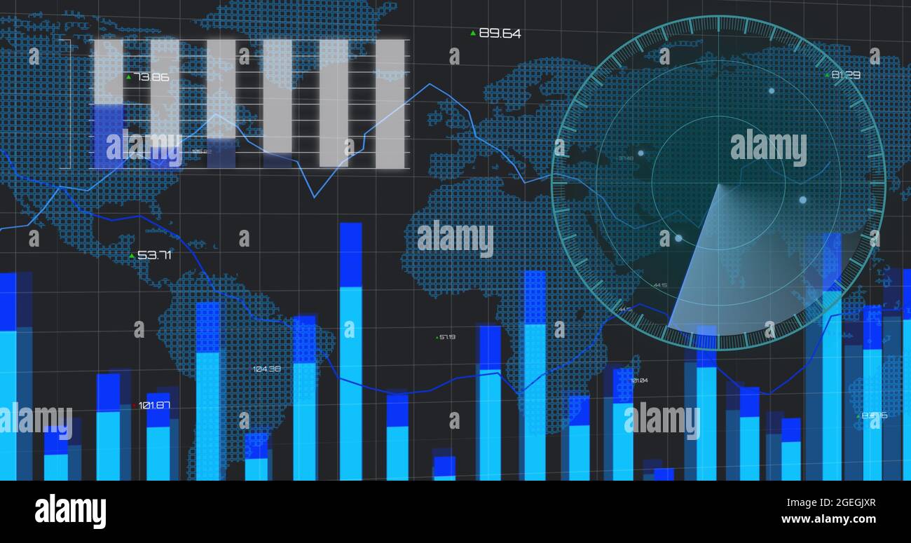 Image of financial data processing and scope scanning over world map ...