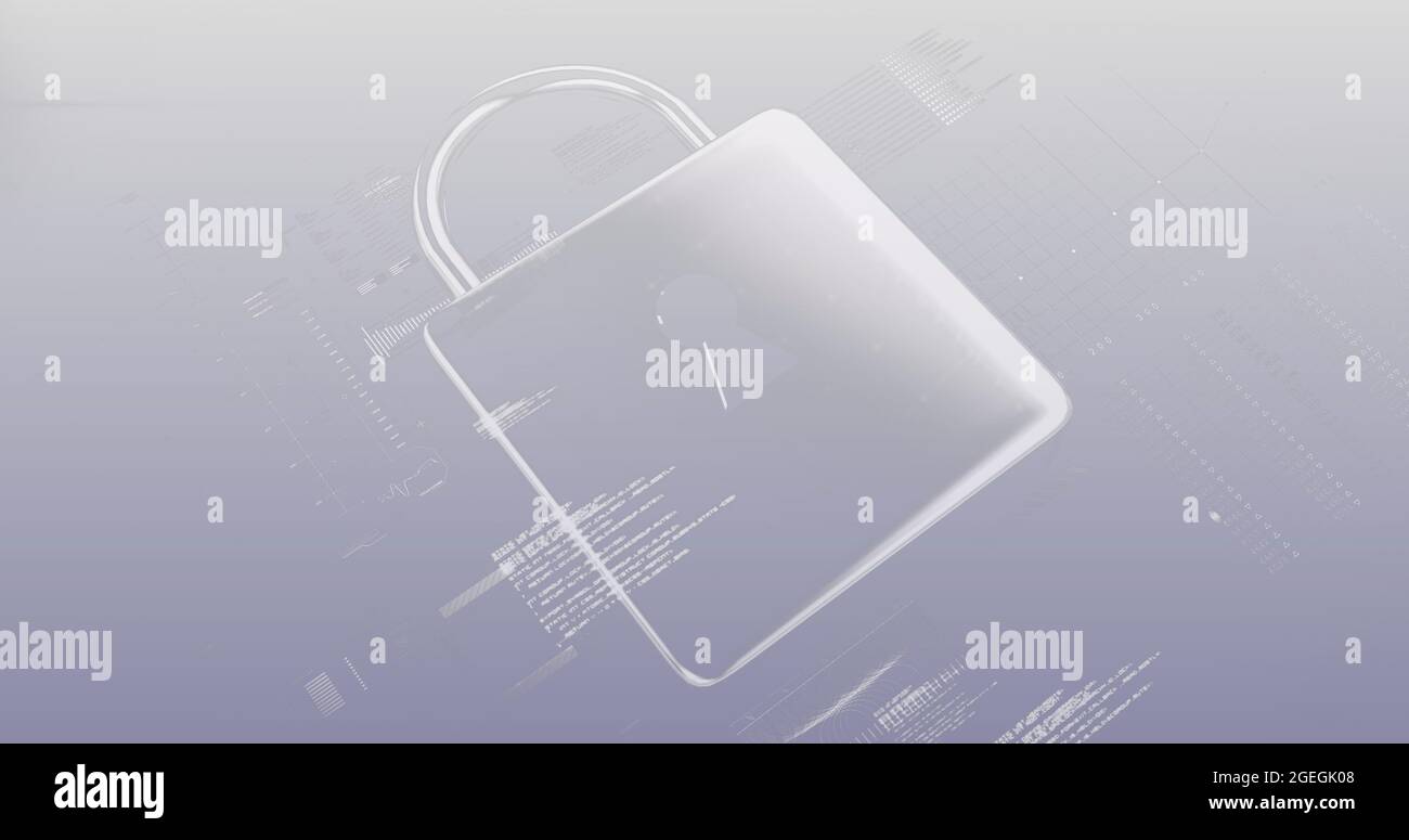 Digital image of multiple changing numbers and alphabets floating against security padlock icon ...