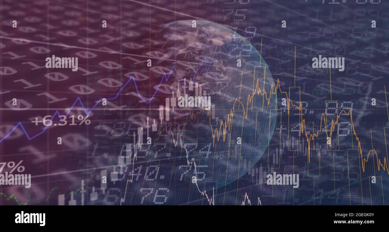 Image Of Financial Data And Binary Coding Processing Over Globe Stock