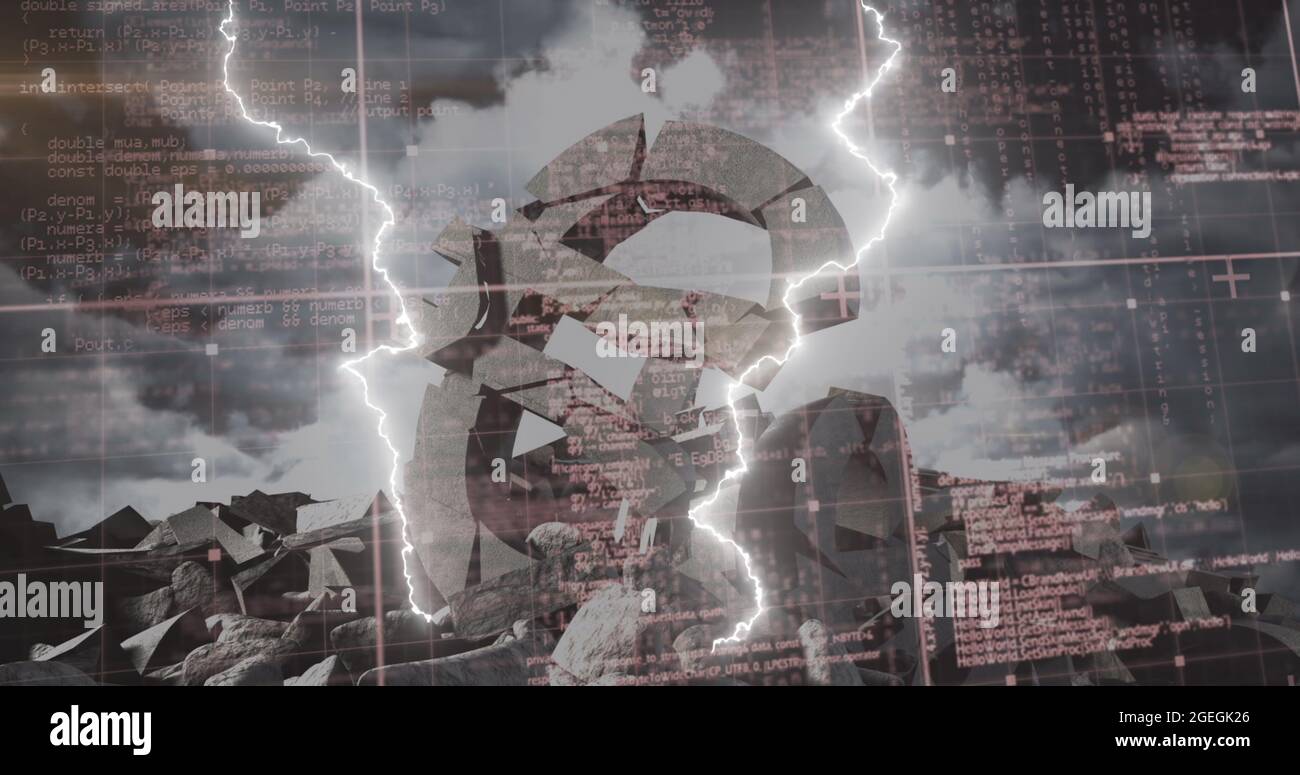 Digital composition of data processing over broken euro symbol against ...