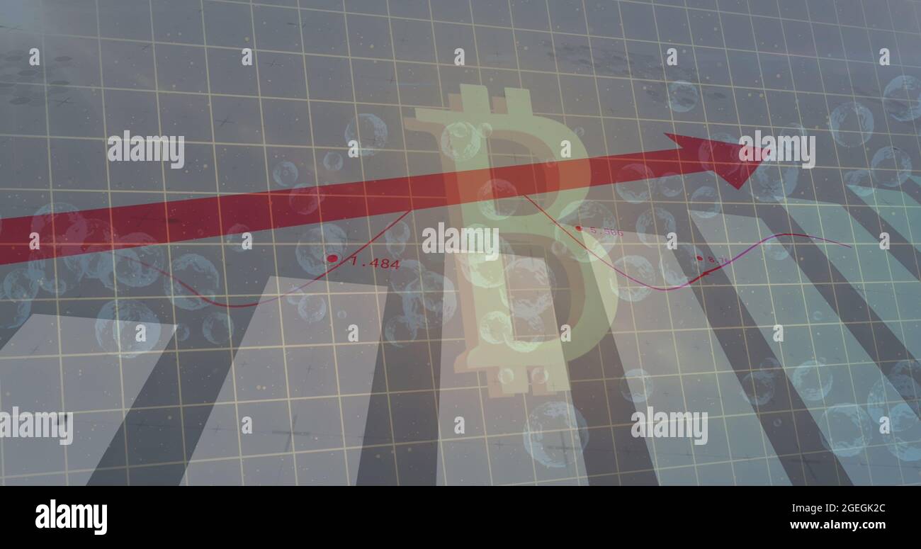 Image of financial data processing with red arrow ascending over ...