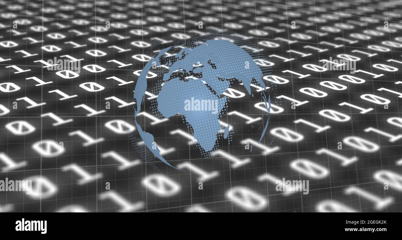 Image of financial data processing with red lines and globe spinning ...