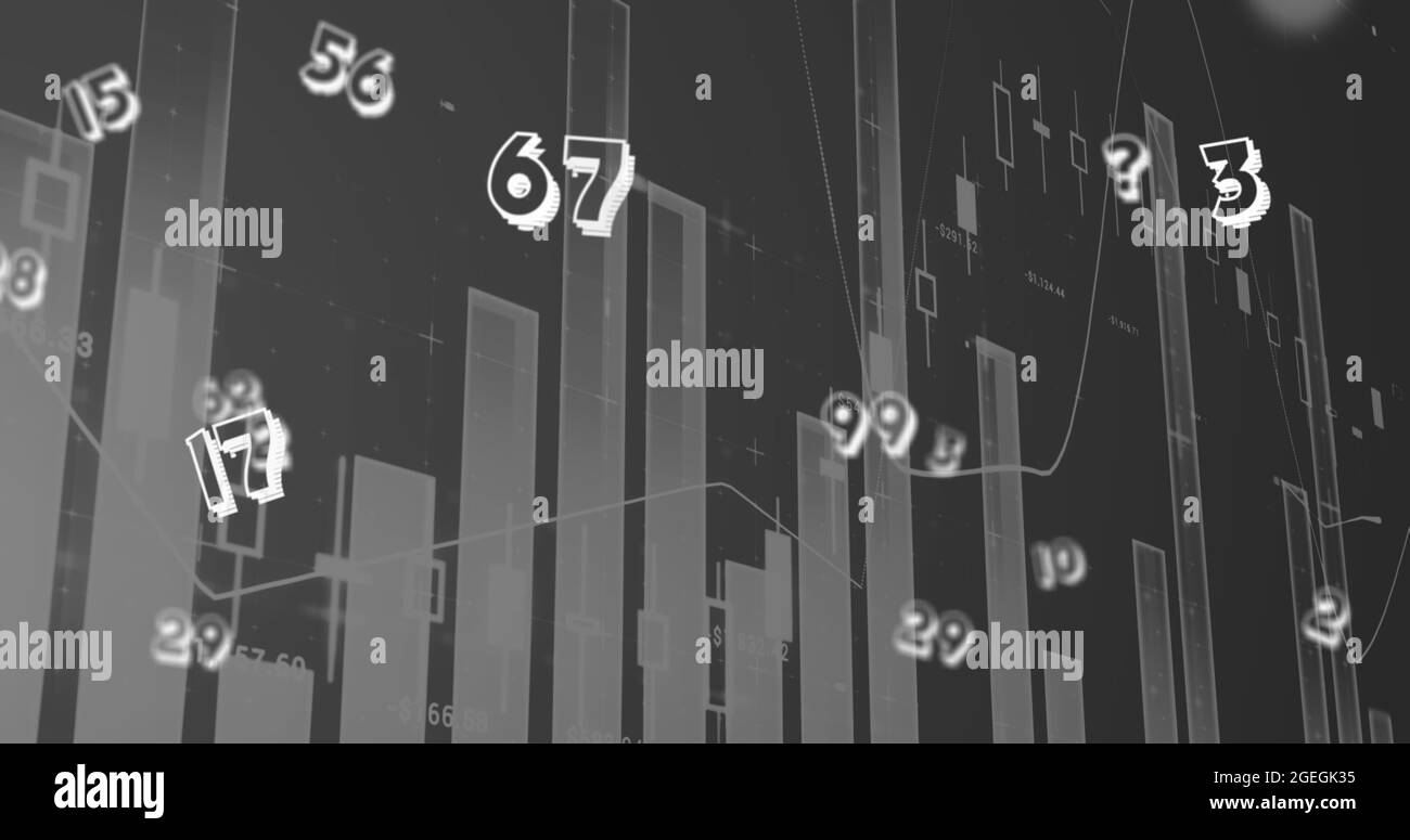 Digital image of multiple numbers floating against financial data ...
