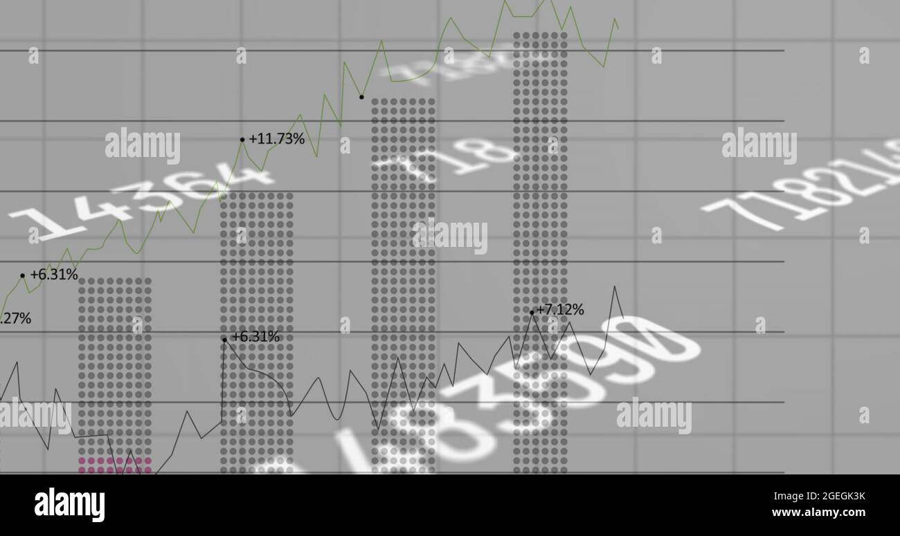 Digital image of multiple changing numbers floating against financial data processing on grey ba ...