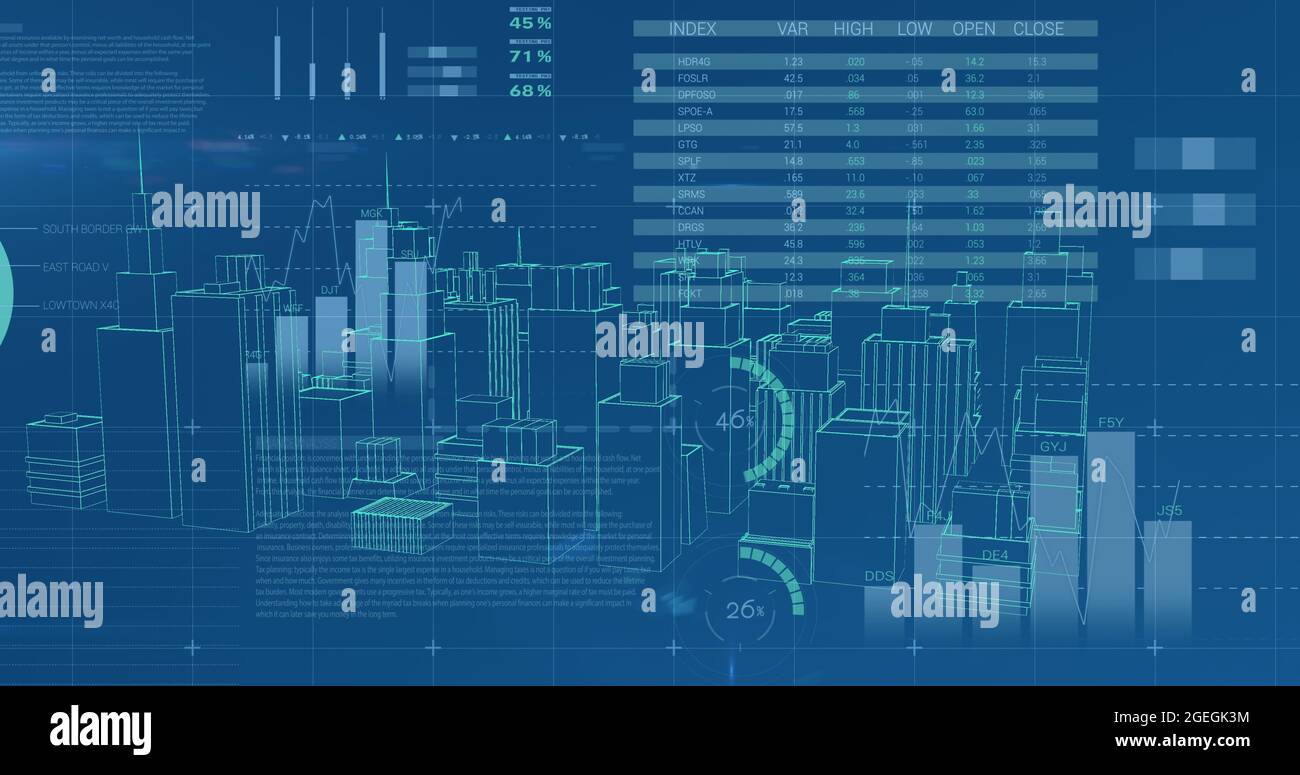 Graphs and data with virtual buildings in a city Stock Photo - Alamy