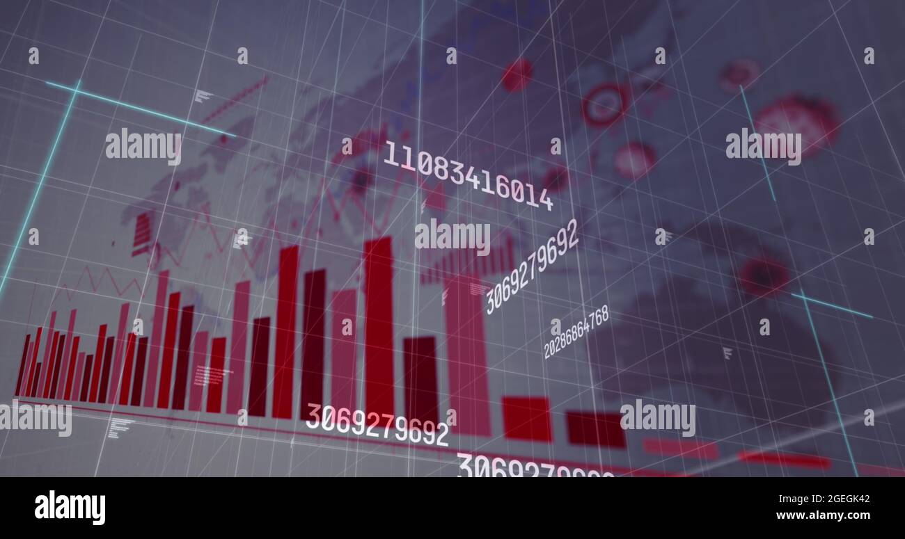 Digital image of multiple changing numbers floating against coronavirus statistical data process ...