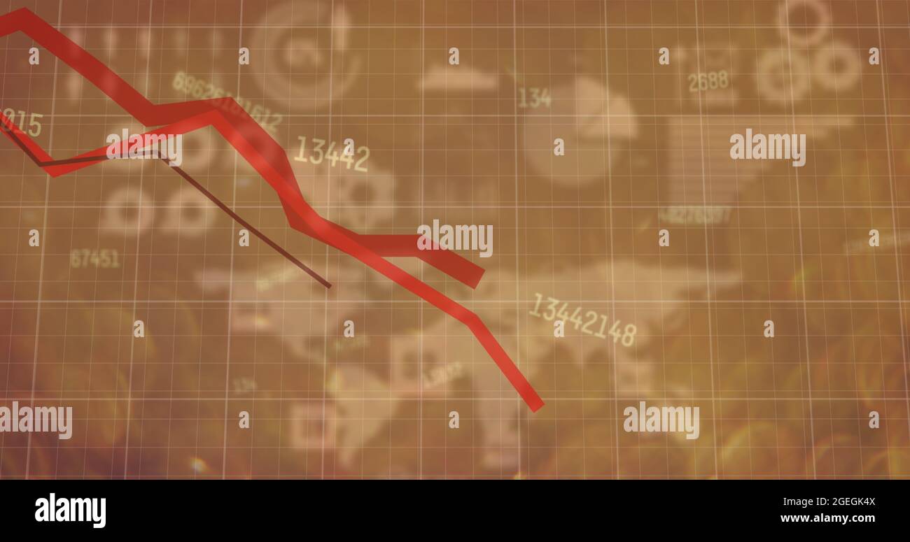 Red graphs and multiple changing numbers over statistical data processing and world map Stock ...