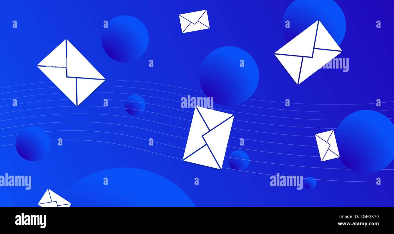 Multiple message icons falling against spheres on blue background Stock ...