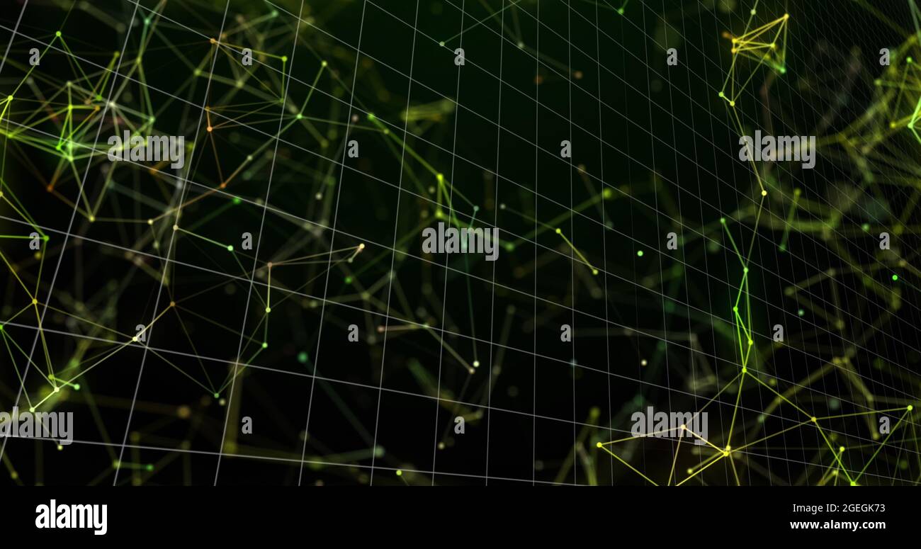 Green graphs moving against network of connections on black background ...