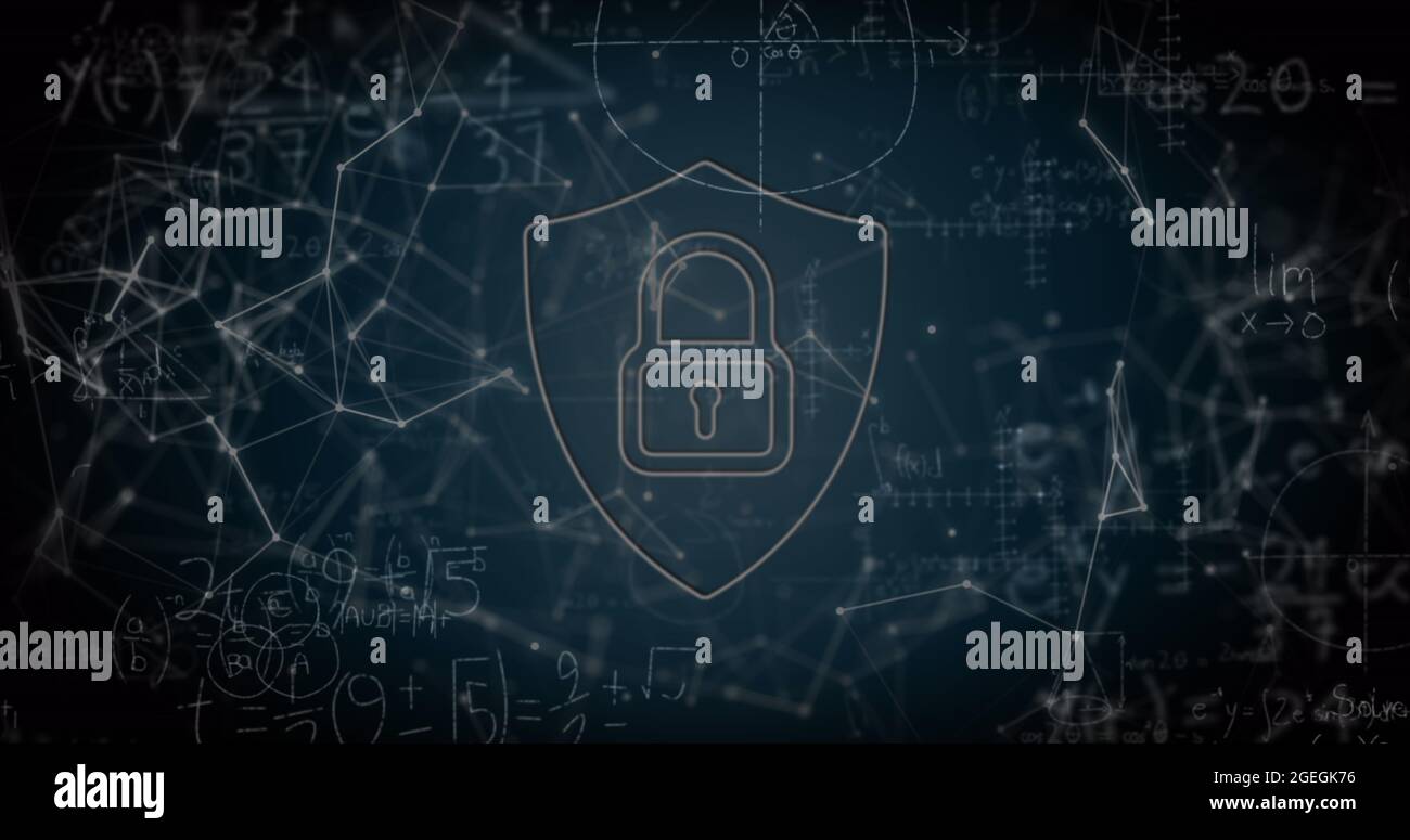 Security padlock icon and network of connections against mathematical equations Stock Photo - Alamy