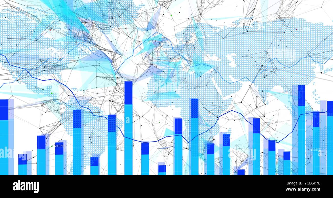 BLue graphs moving over network of connections against world map Stock ...