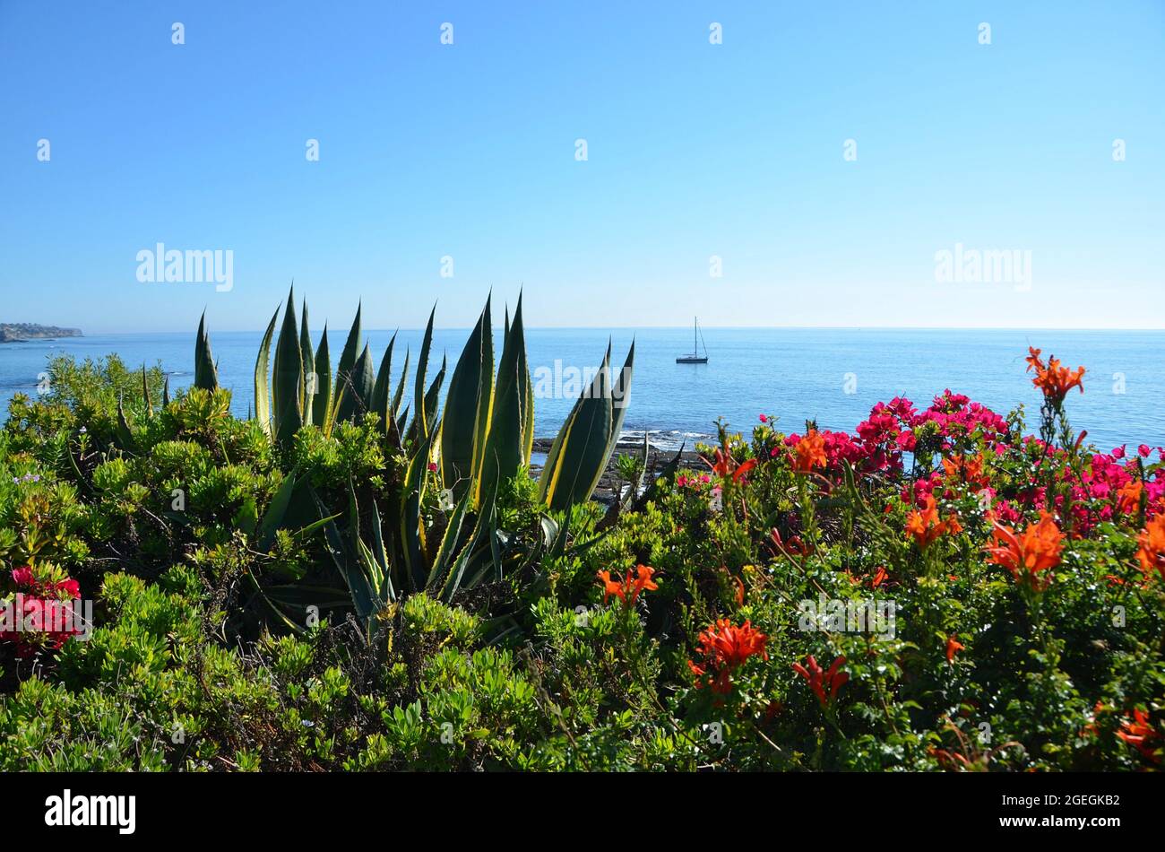 Scenic landscape with a sailing boat overlooking the Pacific Ocean in ...