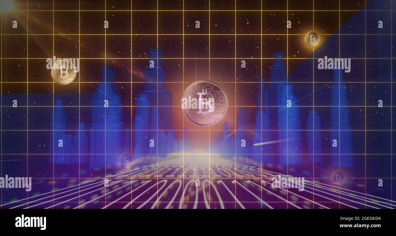 Bitcoin symbols over grid lines against 3D city model Stock Photo - Alamy
