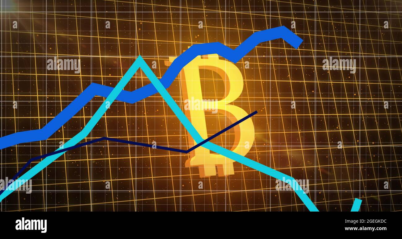 Graphs moving over grid against golden bitcoin symbol Stock Photo - Alamy