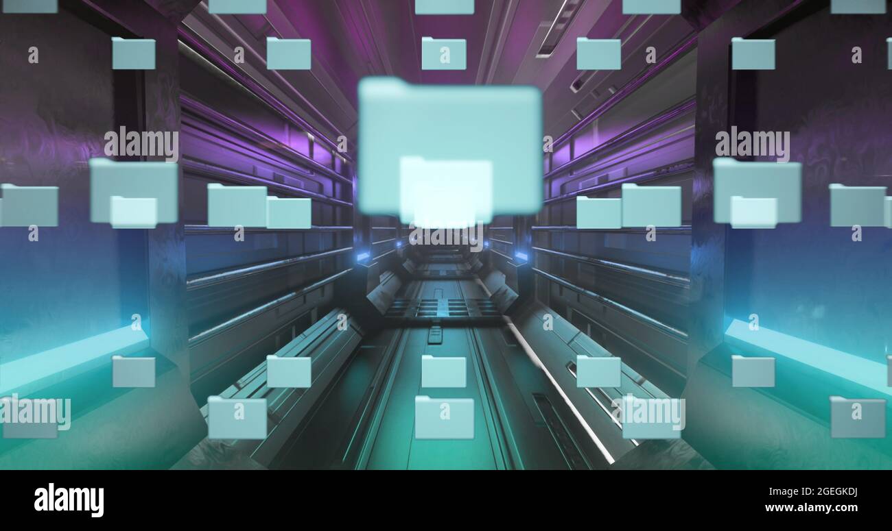 Multiple folder icons moving against glowing tunnels Stock Photo - Alamy