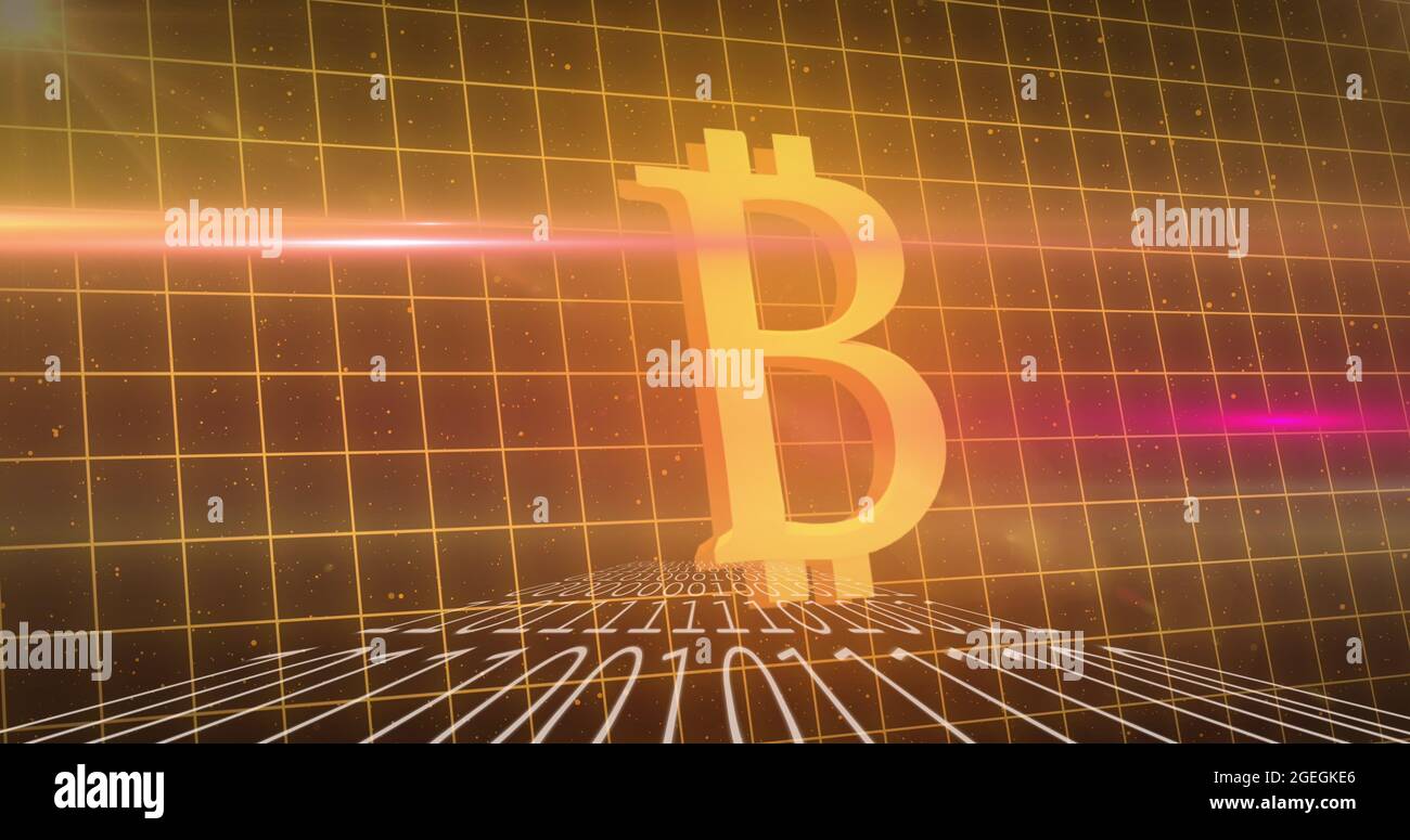 Bitcoin symbol over binary coding against grid lines Stock Photo - Alamy