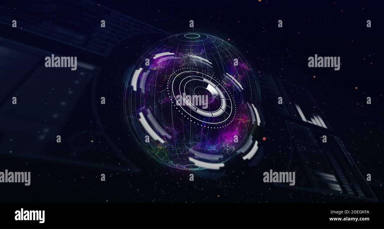 Digital interface over globe spinning against black background Stock ...