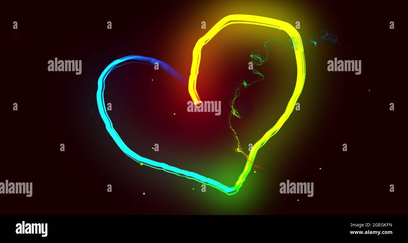 Image of glowing colourful light trail heart shape on black background ...