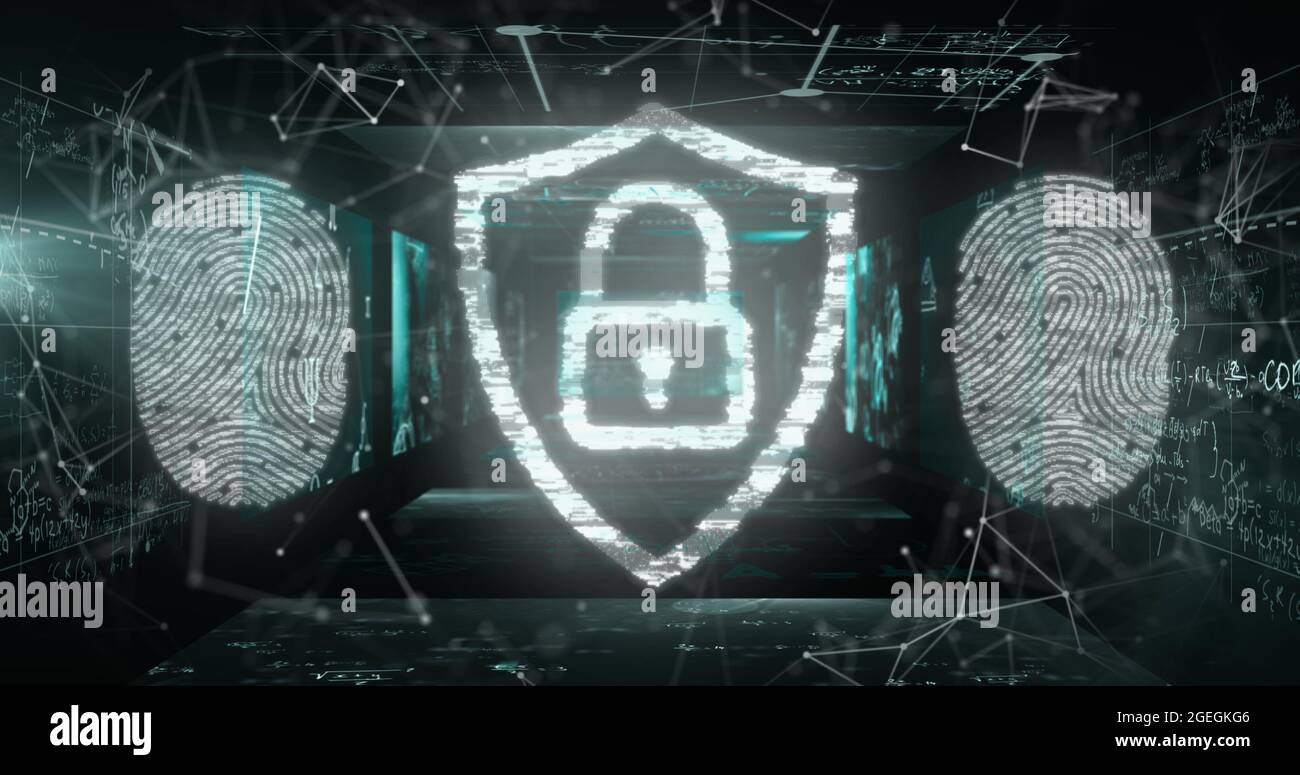 Cyber security icons and networks of connections against mathematical ...