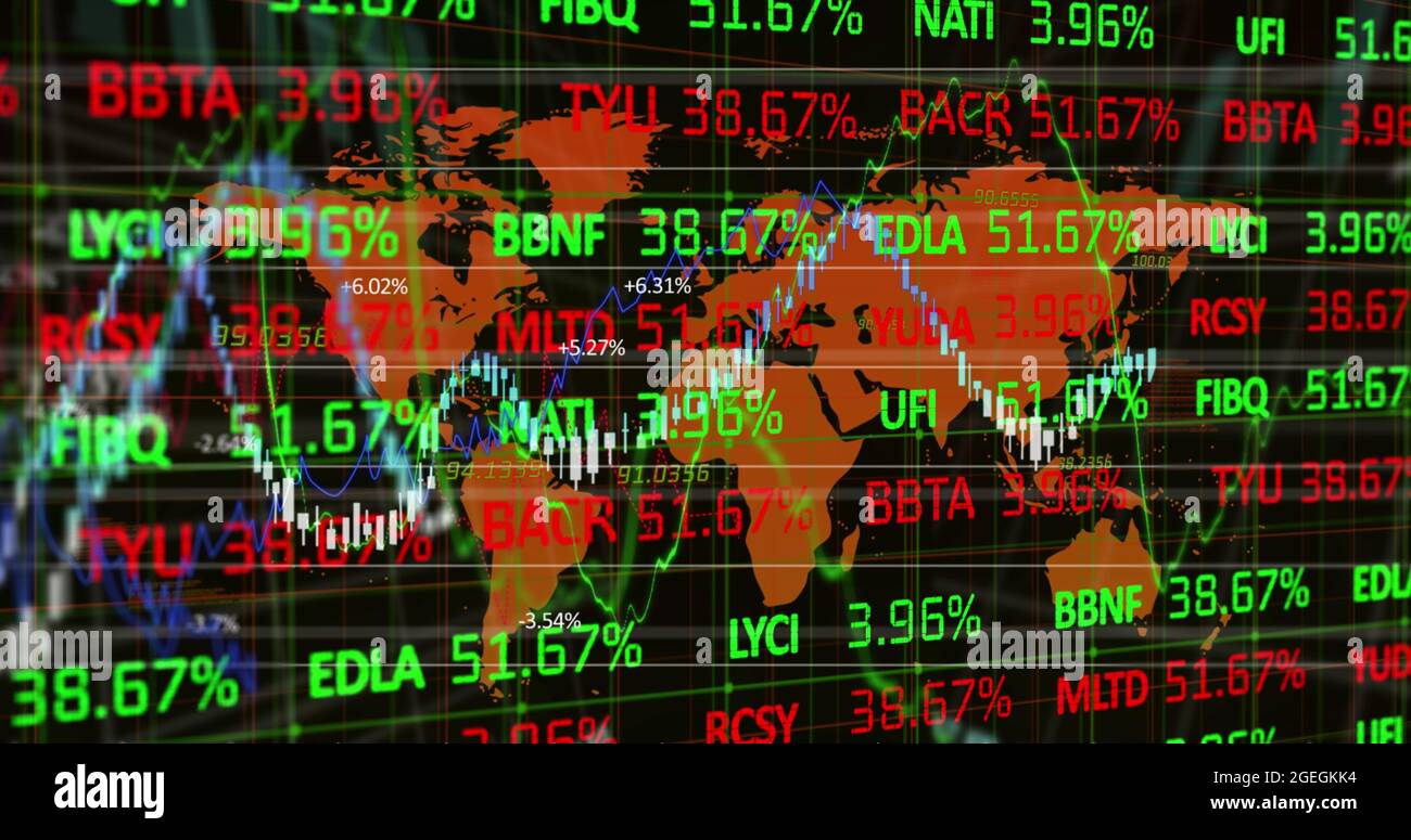 Stock market data and statistical data processing against world map ...