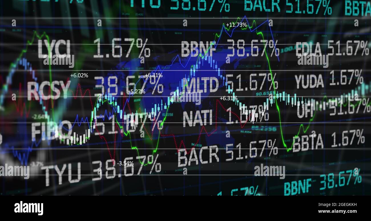 Stock market data and statistical data processing against world map ...