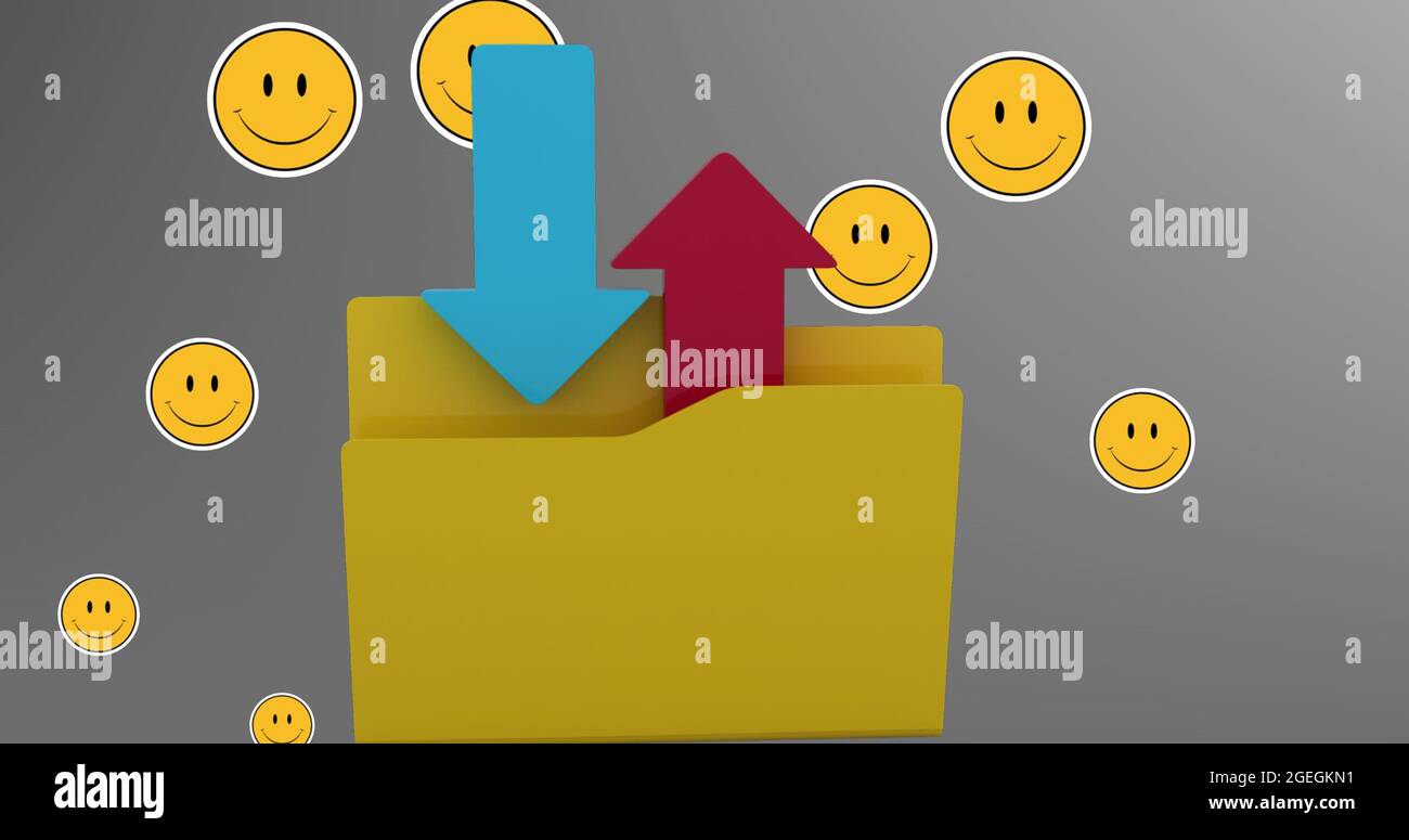 Multiple face emojis floating against upload and download icon on grey ...