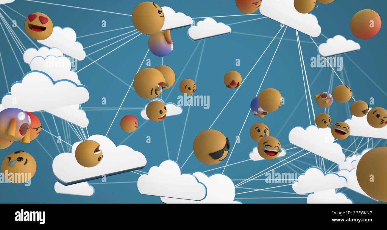 Multiple face emojis floating against network of cloud icons against ...