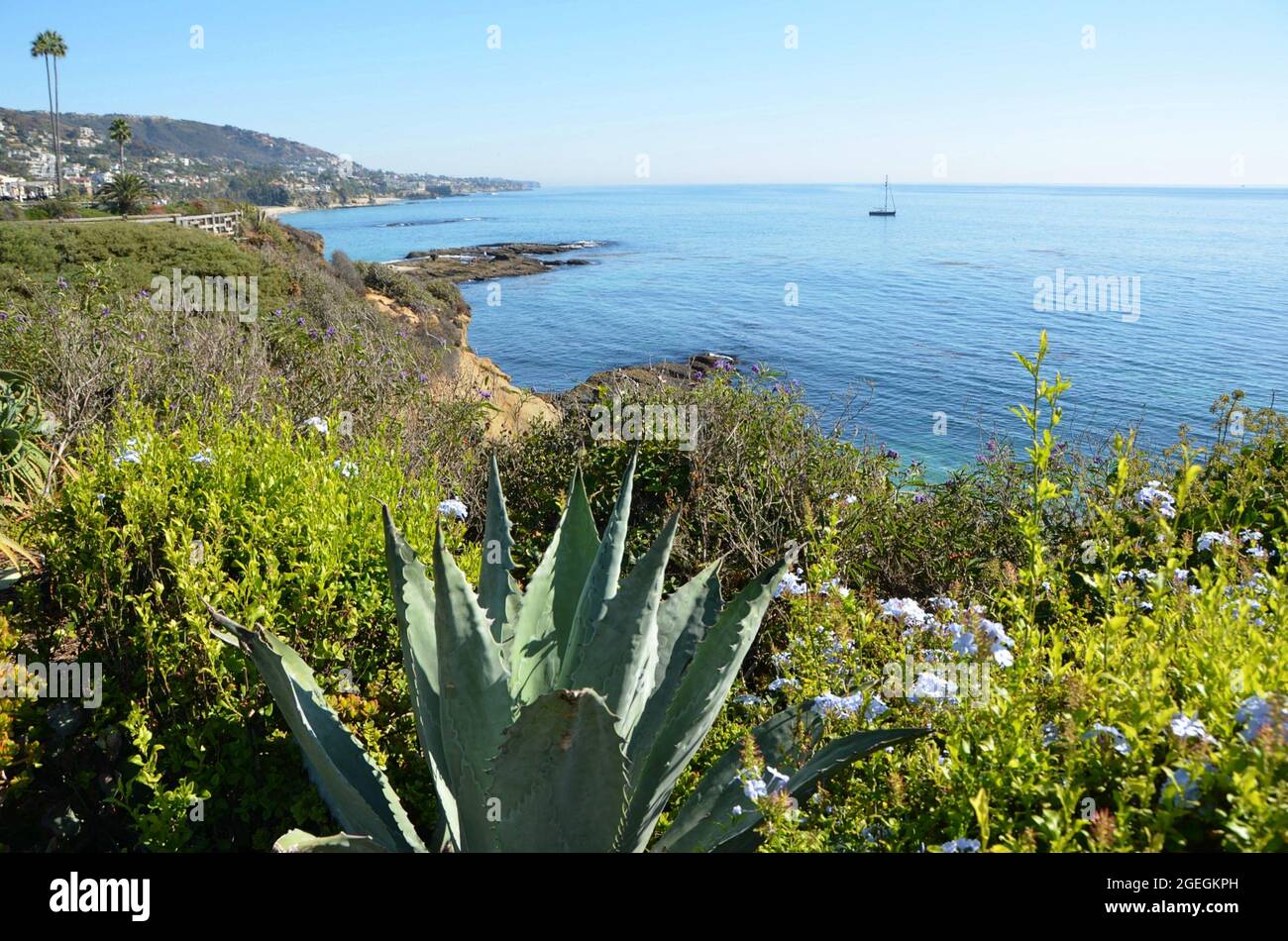 Scenic landscape with a sailing boat overlooking the Pacific Ocean in ...