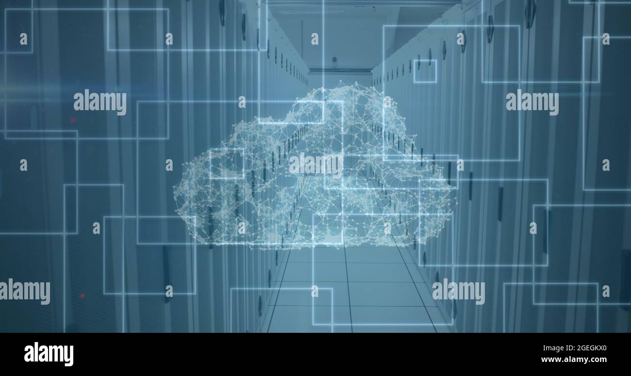 Image of digital cloud with squares over tech room with computer ...