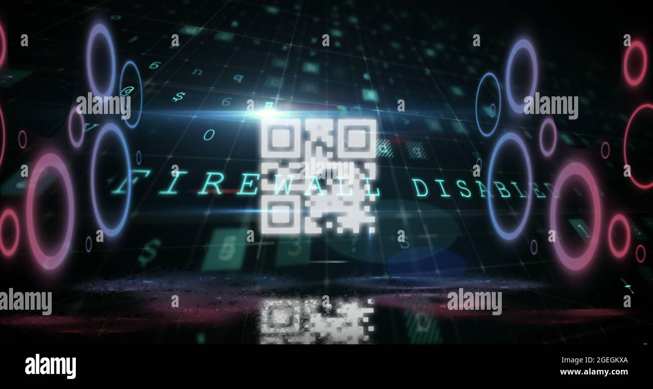 QR code scanner with neon elements against cyber security data ...