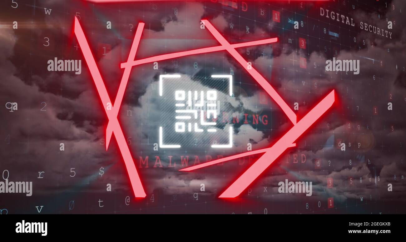 QR code scanner with neon elements against cyber security data ...