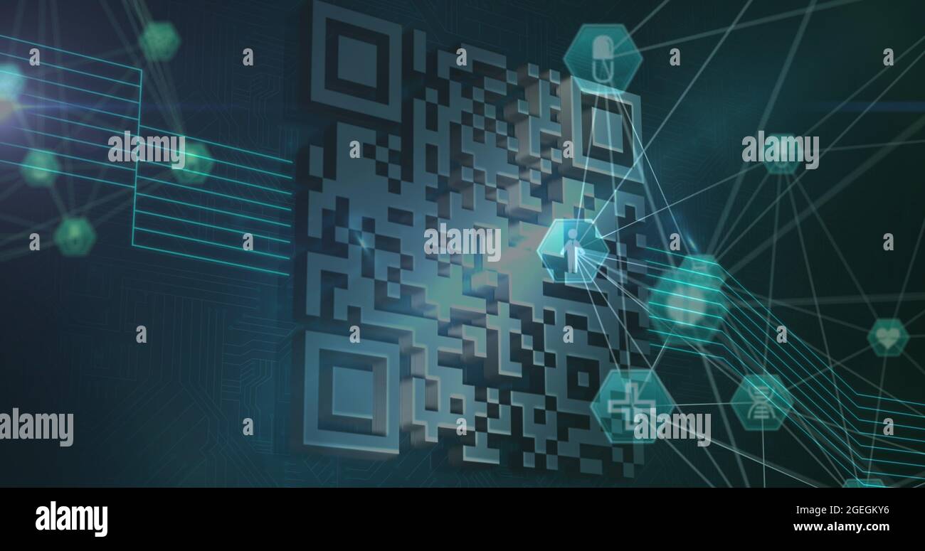Image of network of connections with medical icons spinning over qr ...