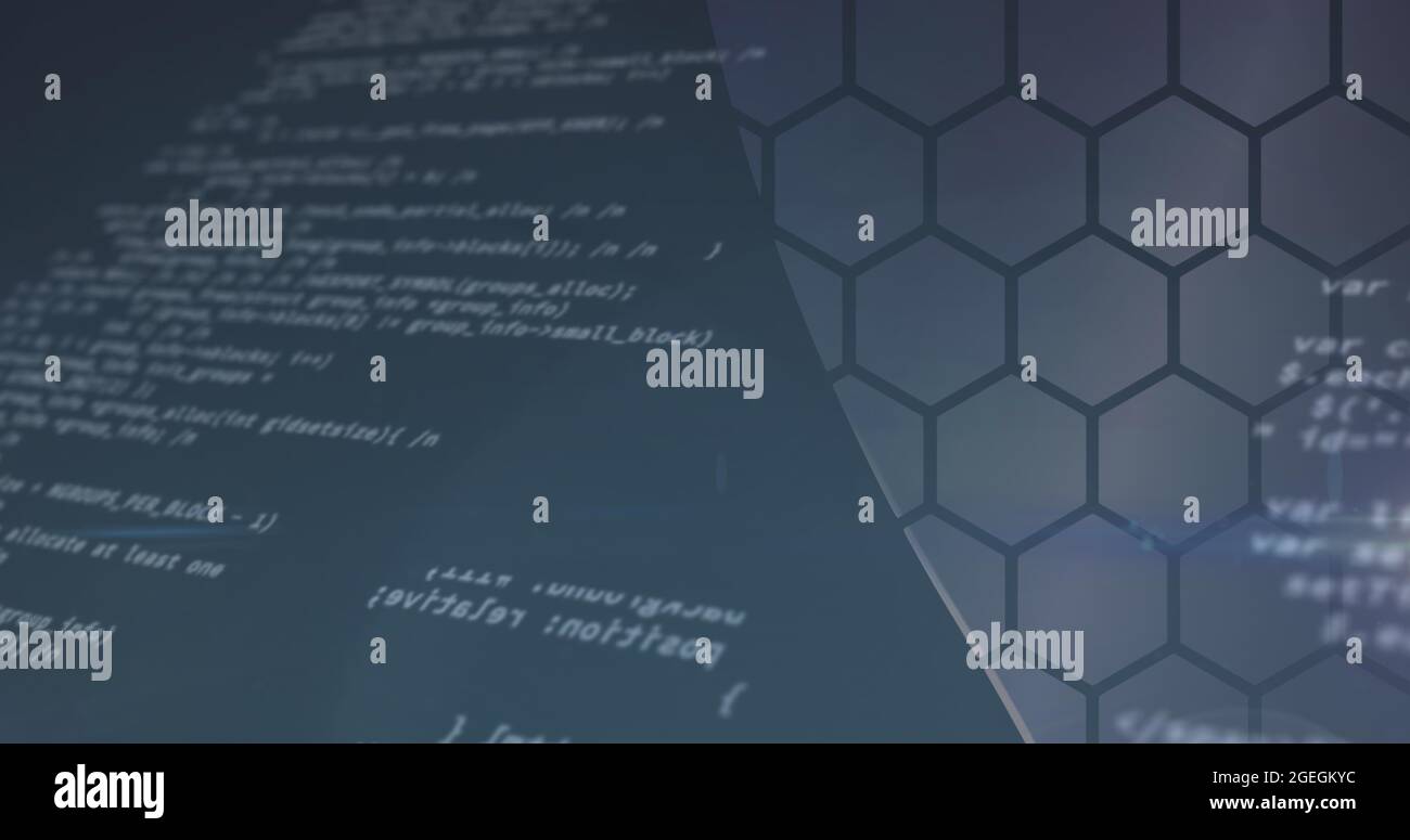 Image of data processing over network of hexagons Stock Photo - Alamy