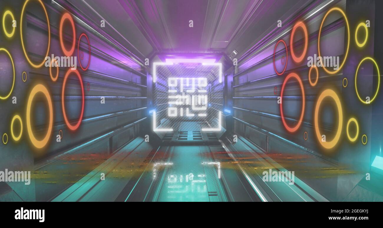 QR code scanner with neon elements against glowing tunnel Stock Photo ...