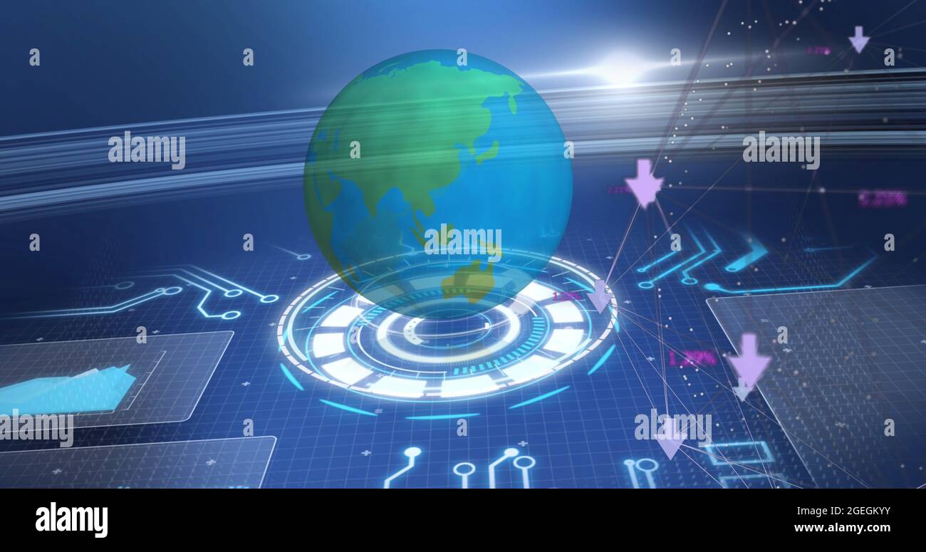 Image of scopes scanning and planet earth over grid Stock Photo - Alamy