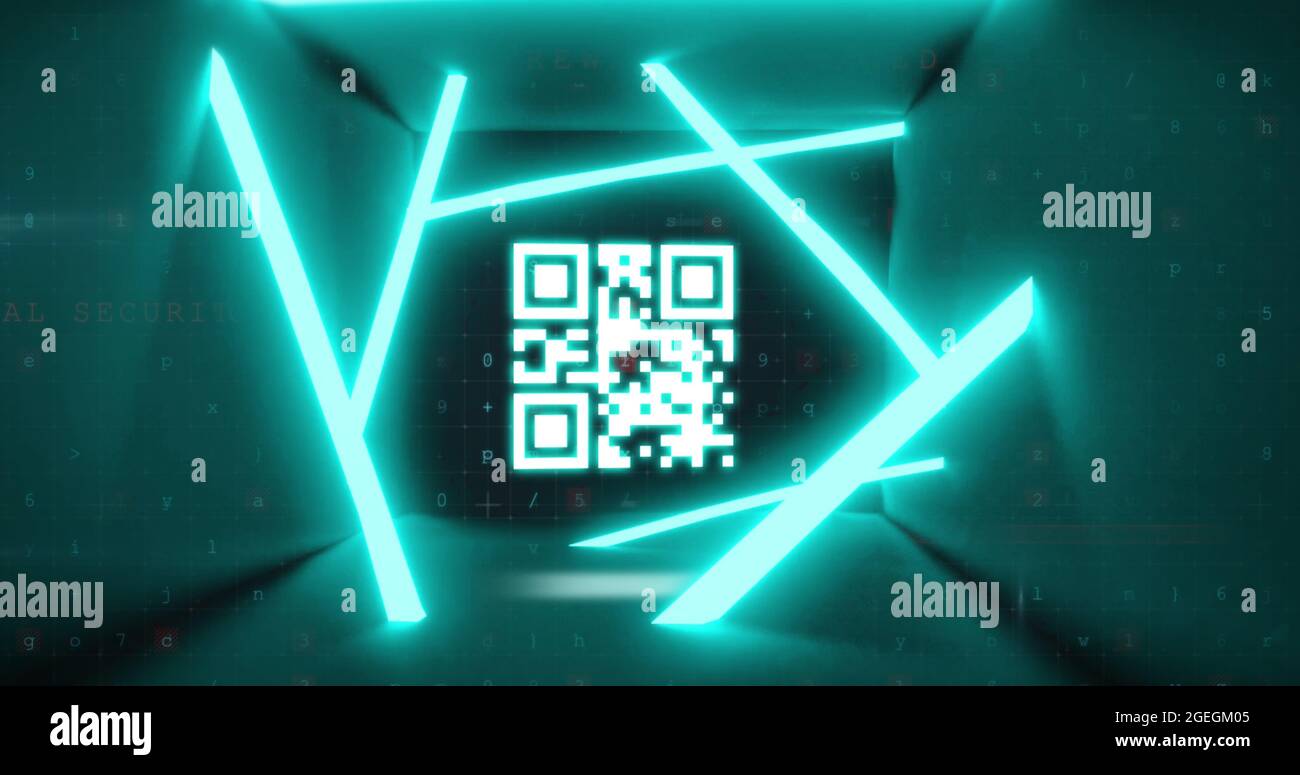 QR code scanner with neon elements against cyber security data ...