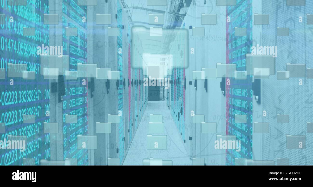 Image of online security padlock and data processing over tech room ...