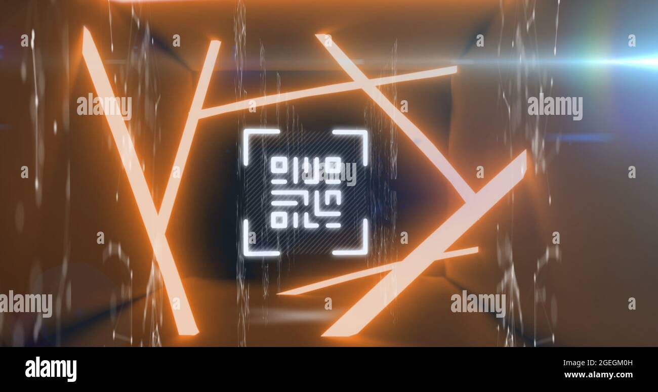 QR code scanner with neon elements against screens of networks of ...