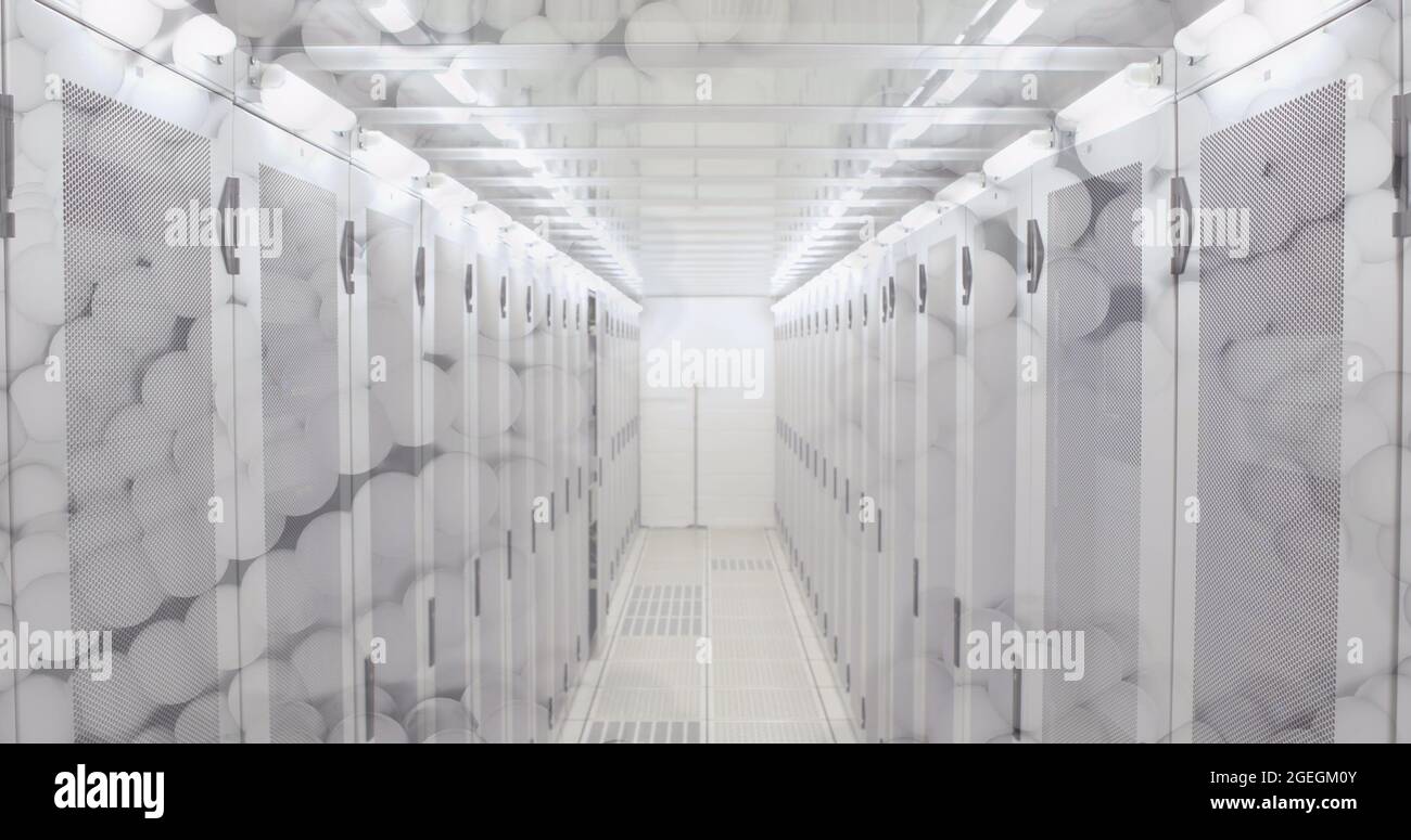 Server room against spheres moving on white background Stock Photo - Alamy