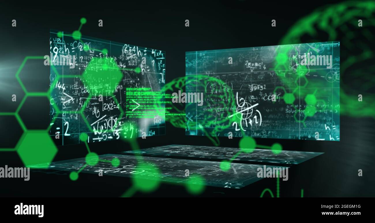 Image of math equations written on screen with green 3D brain and ...