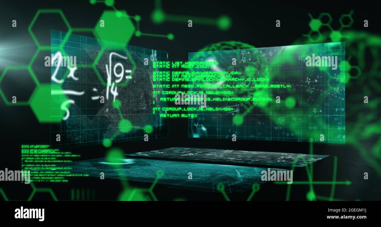 Image of math equations written on screen with green 3D brain and ...
