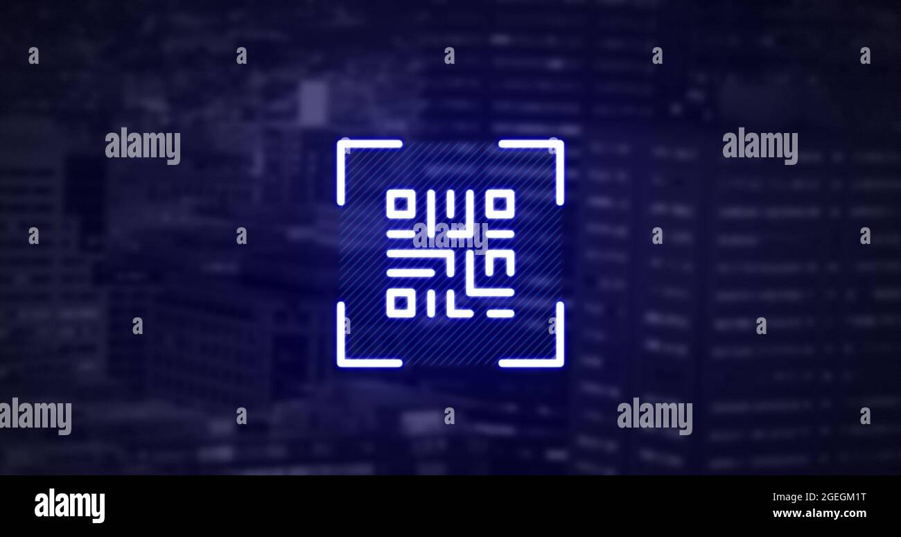 QR code scanner with neon elements against tall buildings Stock Photo ...