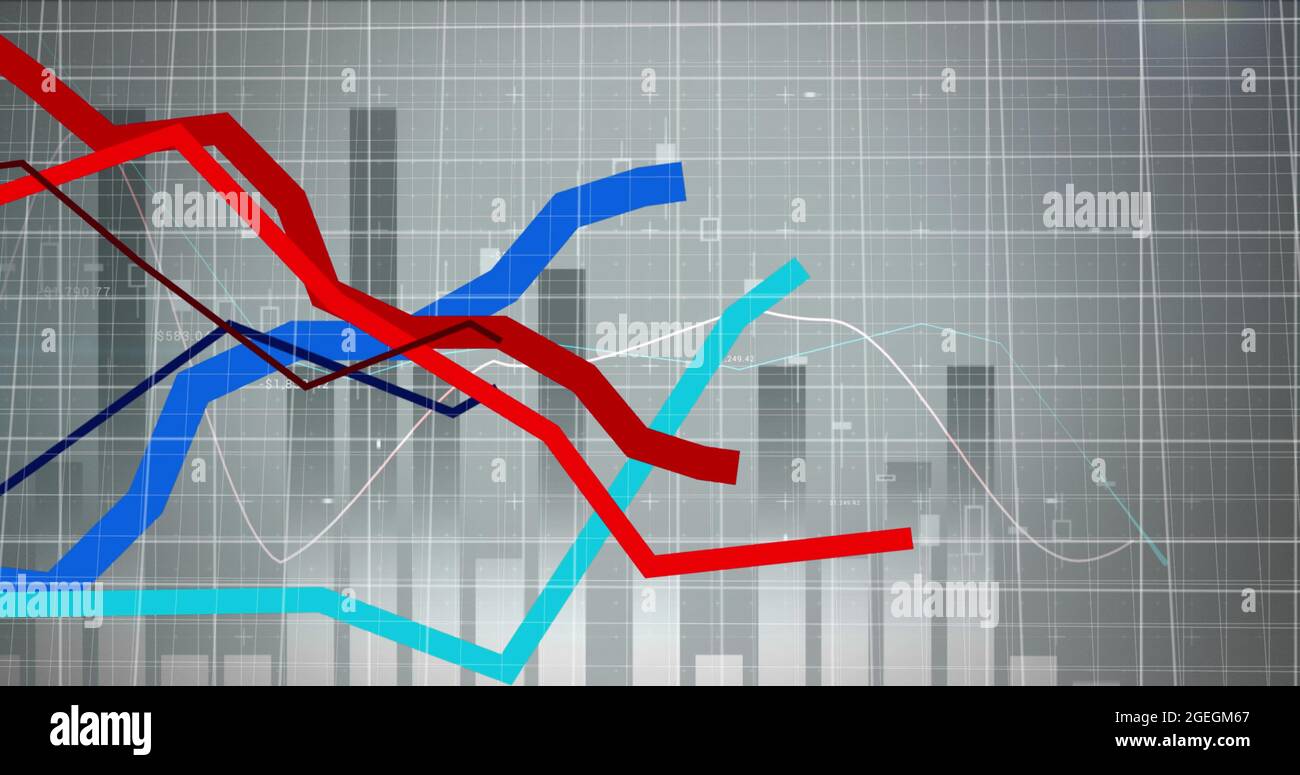 Image of red and blue lines moving with statistics of financial data ...
