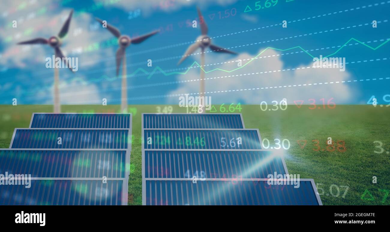 Image of financial data processing over wind turbines and solar panels ...