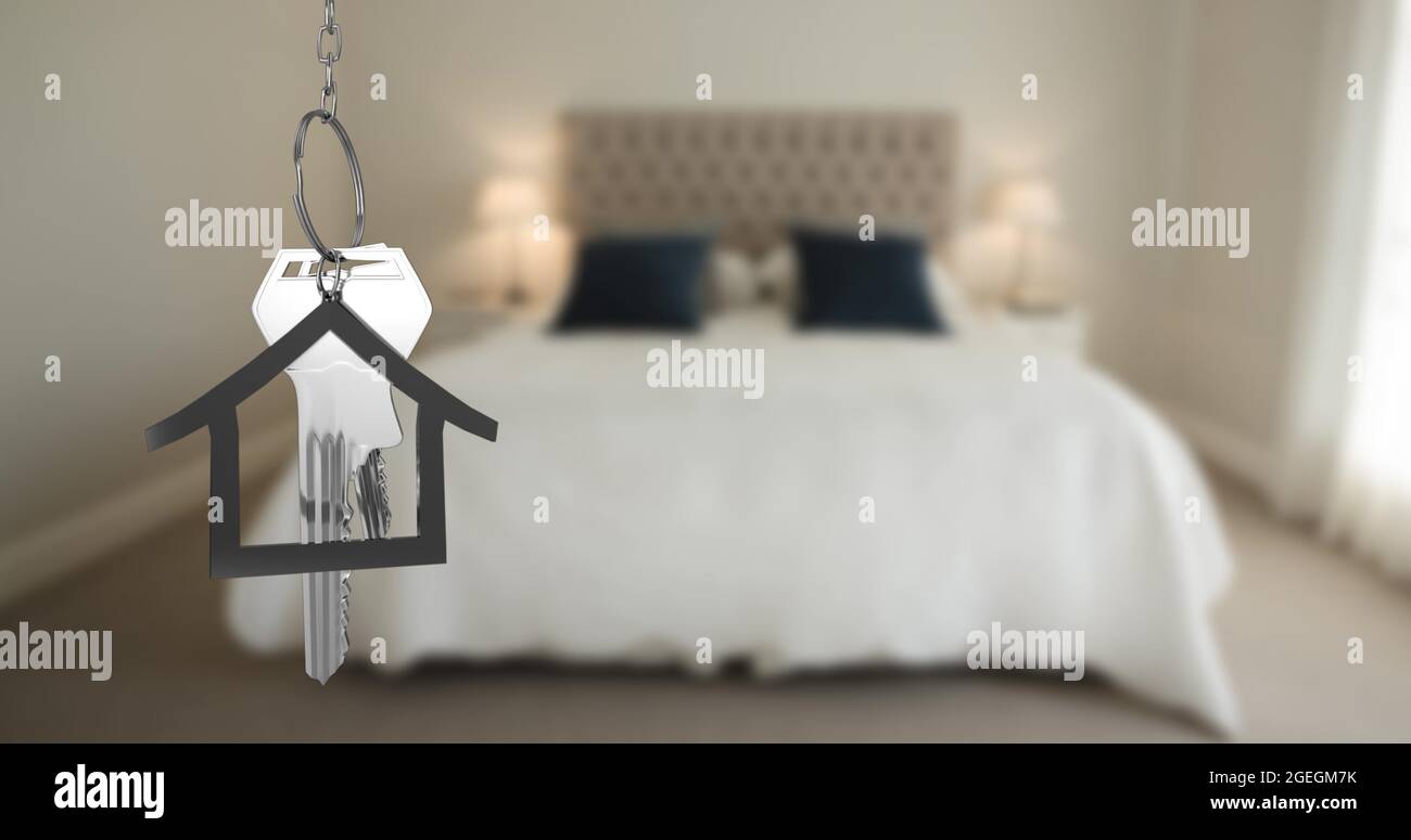 House keys and key fob hanging over out of focus bedroom 4k Stock Photo ...