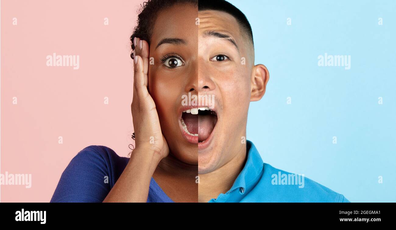 Two halves of young people faces, man and woman over colored pastel ...