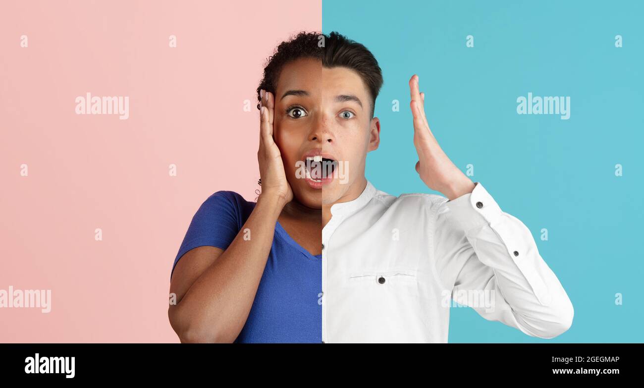 Two halves of young people faces, man and woman over pastel backgrounds ...