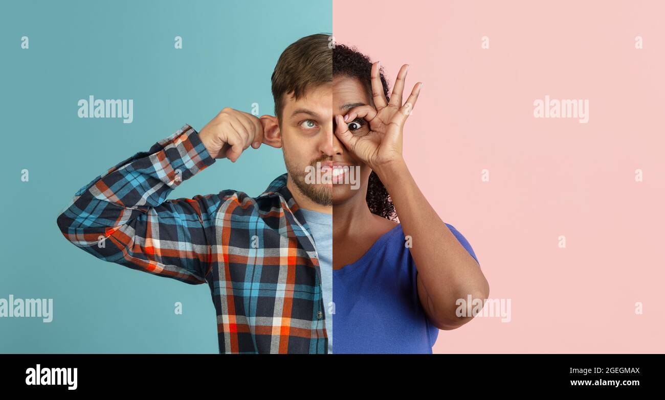 Two halves of young people faces, man and woman over pastel backgrounds ...