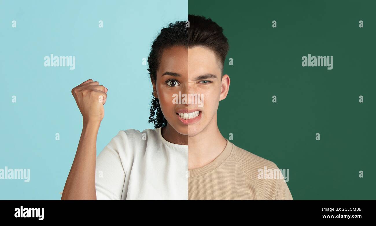 Two halves of young people faces, man and woman over colored ...