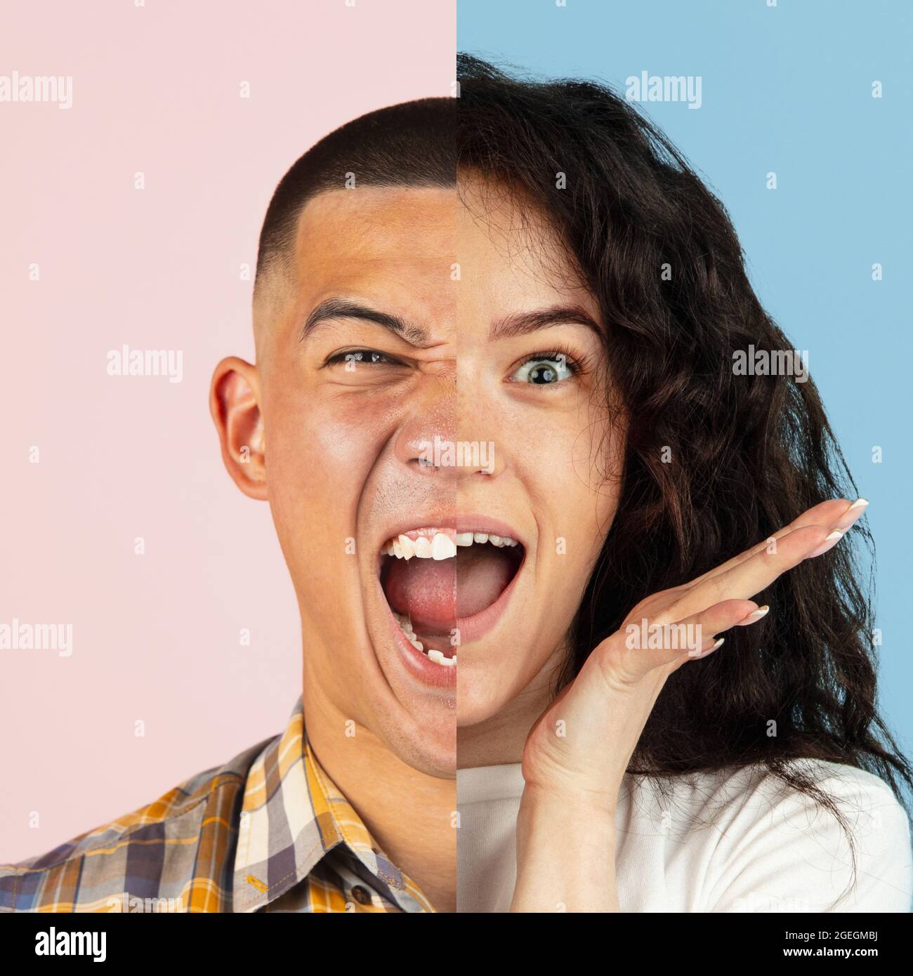 Two halves of young people faces, man and woman over light backgrounds ...